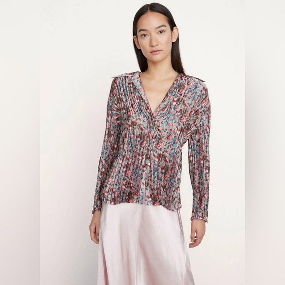 Vince | Tops | Nwt 395 Vince Berry Blooms Pleated Blouse In Pink | Poshmark